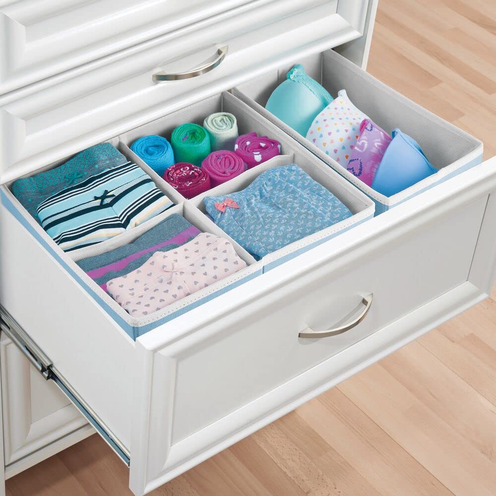 mDesign Soft Fabric Polka Dot Dresser Drawer and Closet Storage Organizer Bin for Child/Kids Room, Nursery, Playroom - Divided 5 Section Tray, Set of 4 - Light Blue/White