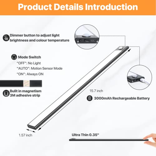 Aipolloo 69 LED Under Cabinet Lighting 2 Pack, 3 Color Motion Sensor Light Indoor, 3000mAh Rechargeable Stepless Dimmable Closet Lights, Wireless Battery Operated Under Counter Light for Kitchen