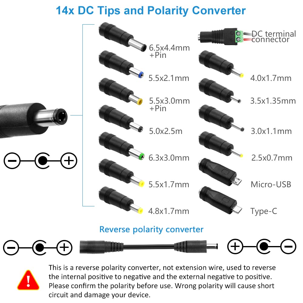 SHNITPWR AC Adapter 120W Universal Power Adapter 4V 5V 6V 9V 12V 15V 18V 19V 20V 24V Adjustable Switching Power Supply 100V~240V AC to DC 4V ~ 24V 5A Converter with 14 Tips & Polarity Converter