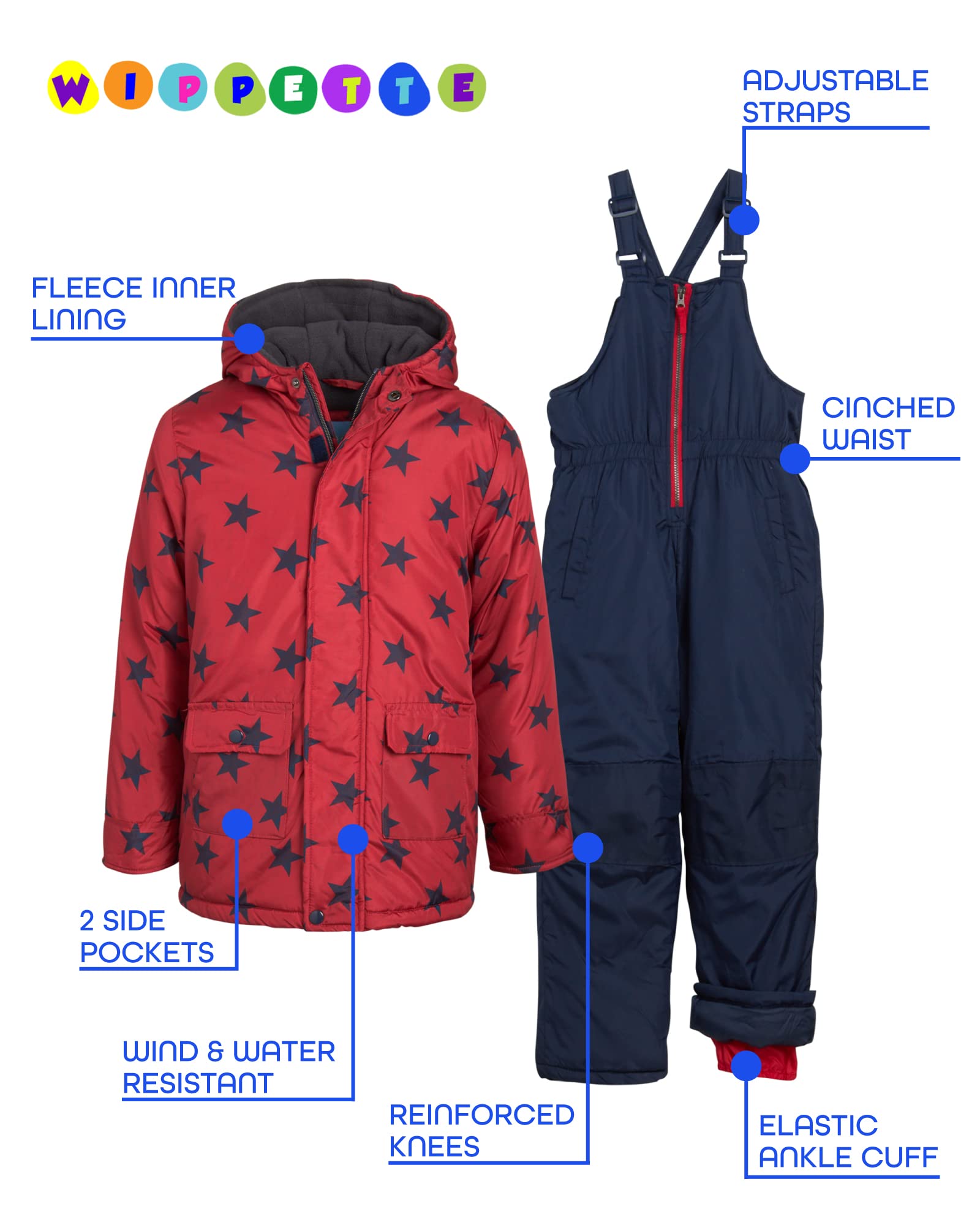 Wippette Boys' Snowsuit - 2 Piece Heavyweight Insulated Ski Jacket and Snow Bib (12M-12), Size 24 Months, Red Stars