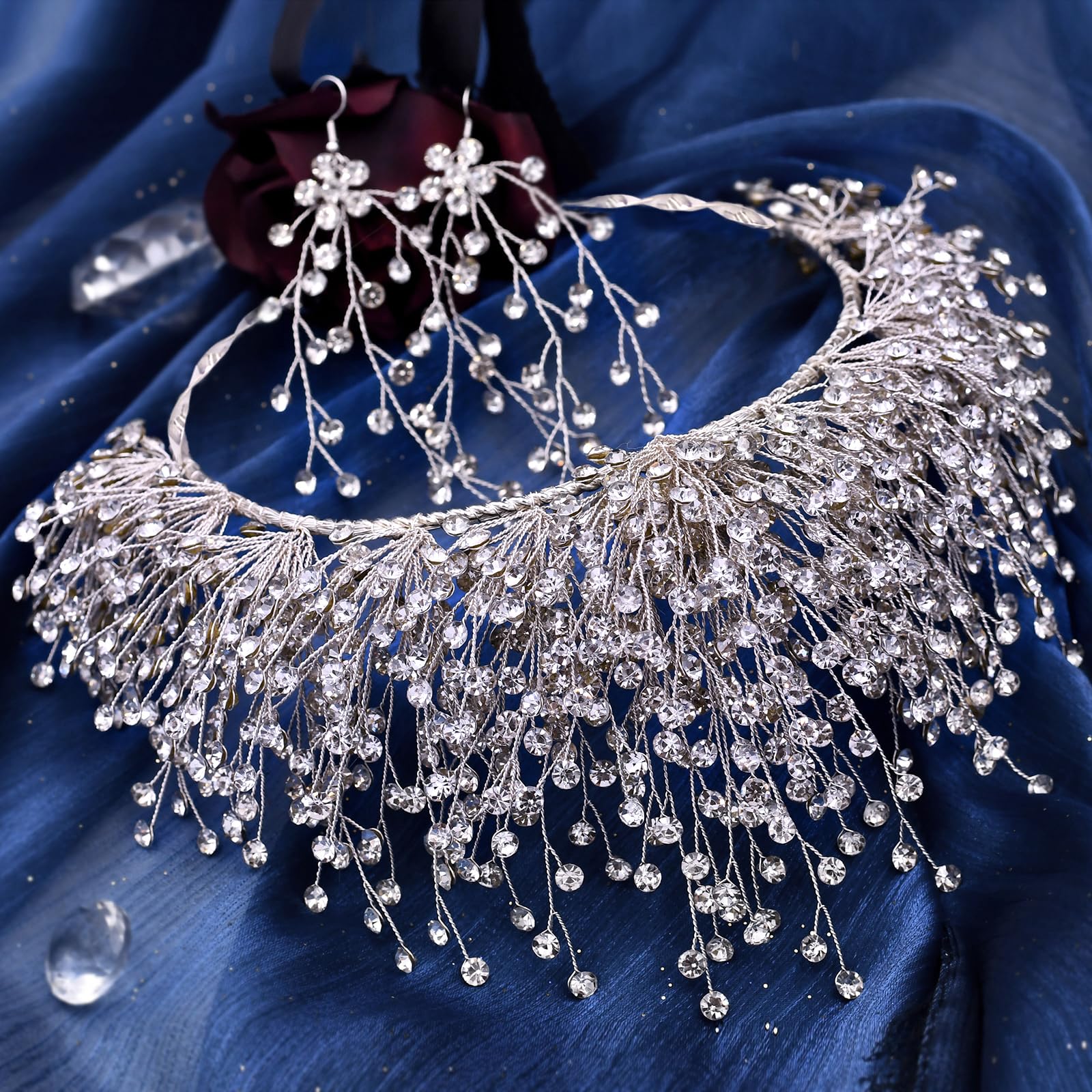 Bridal Wedding Headband Crystal Tiara Crown,Queen Tiaras and Crowns,Wedding Bride Crowns For Birthday Party Wedding Pageant Hair Accessories (Silver/Crown + necklace + Earrings)