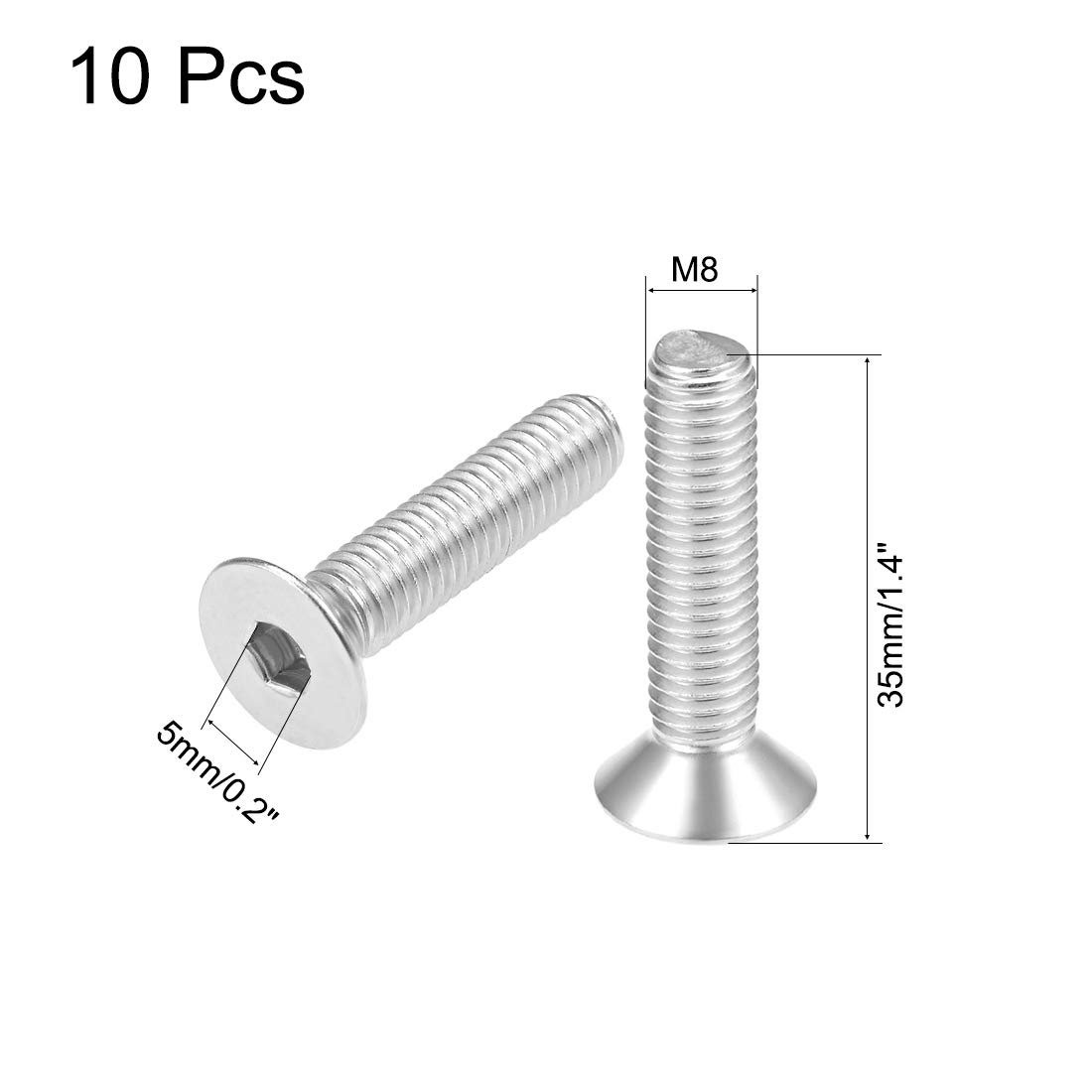 uxcell M8x35mm Flat Head Machine Screws Inner Hex Screw 304 Stainless Steel Fasteners Bolts 10Pcs