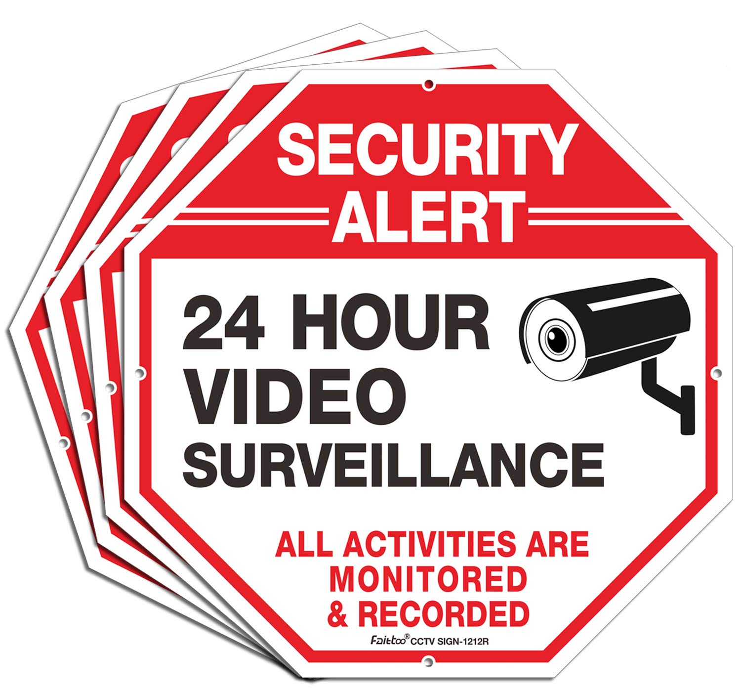 Video Surveillance Signs, Security Signs,Octagon 12 x12 Inches 40Mil Thick Aluminum Reflective sign for Home Business CCTV Security Camera, UV Protected & Waterproof, 4 pack