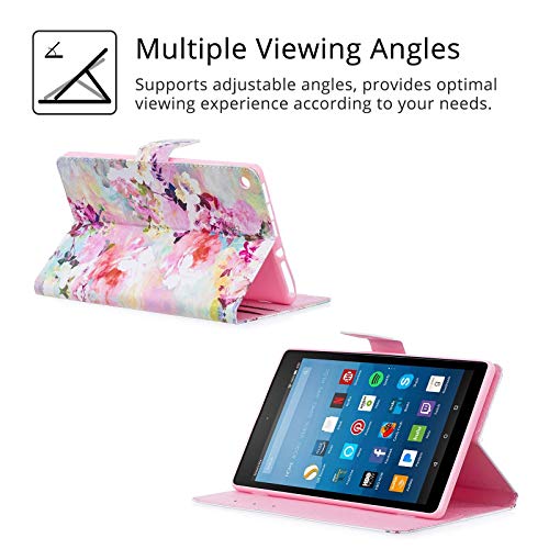 UUcovers for Amazon Kindle Fire HD 8 Tablet 2018/2017/2016/2015 Case 8th/7th/6th/5th Generation, Folio Stand Synthetic Leather Magnetic Wallet TPU Back Shockproof Cover with Card Slots, Pink Flower