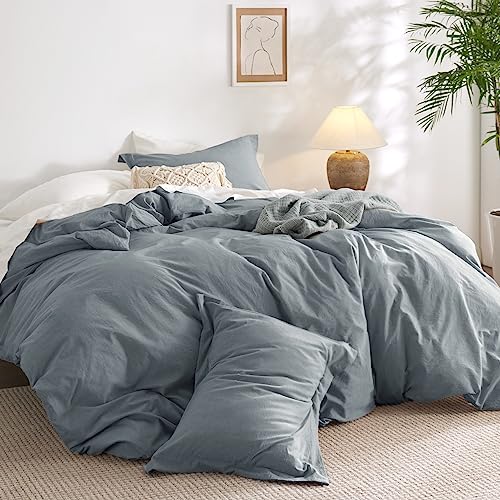 Bedsure 100% Washed Cotton Duvet Cover Queen - Grey Blue Minimalist Cotton Duvet Cover Set Linen Like - 3 Pieces Plain Simple Cotton Duvet Cover Set with 2 Pillow Shams (Grey Blue, Queen, 90"x90")