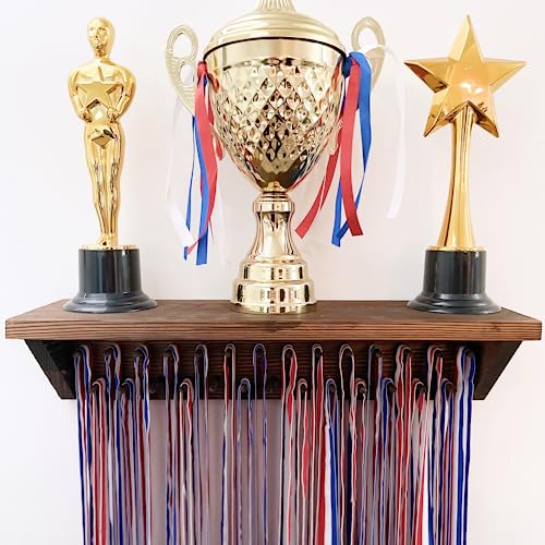Athwana Premium Wooden Medal Display with Reinforced Shelf & Wooden Hooks I Easy Install I More Hooks & Extra Wide Shelf