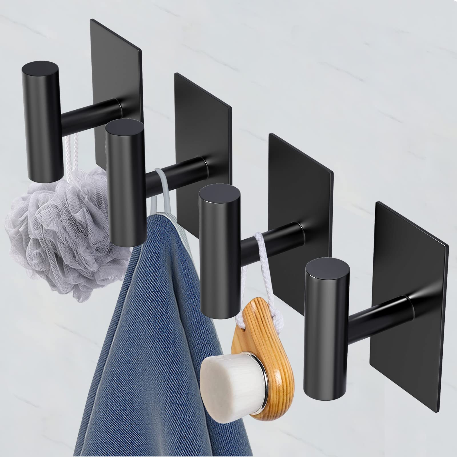 VAEHOLD Wall Towel Hooks, Heavy Duty Sticky Holder Waterproof Towel Hooks for Hanging Coat, Clothes, Closet Hook Wall Mount for Kitchen (Black, Adhesive 2 Pack)