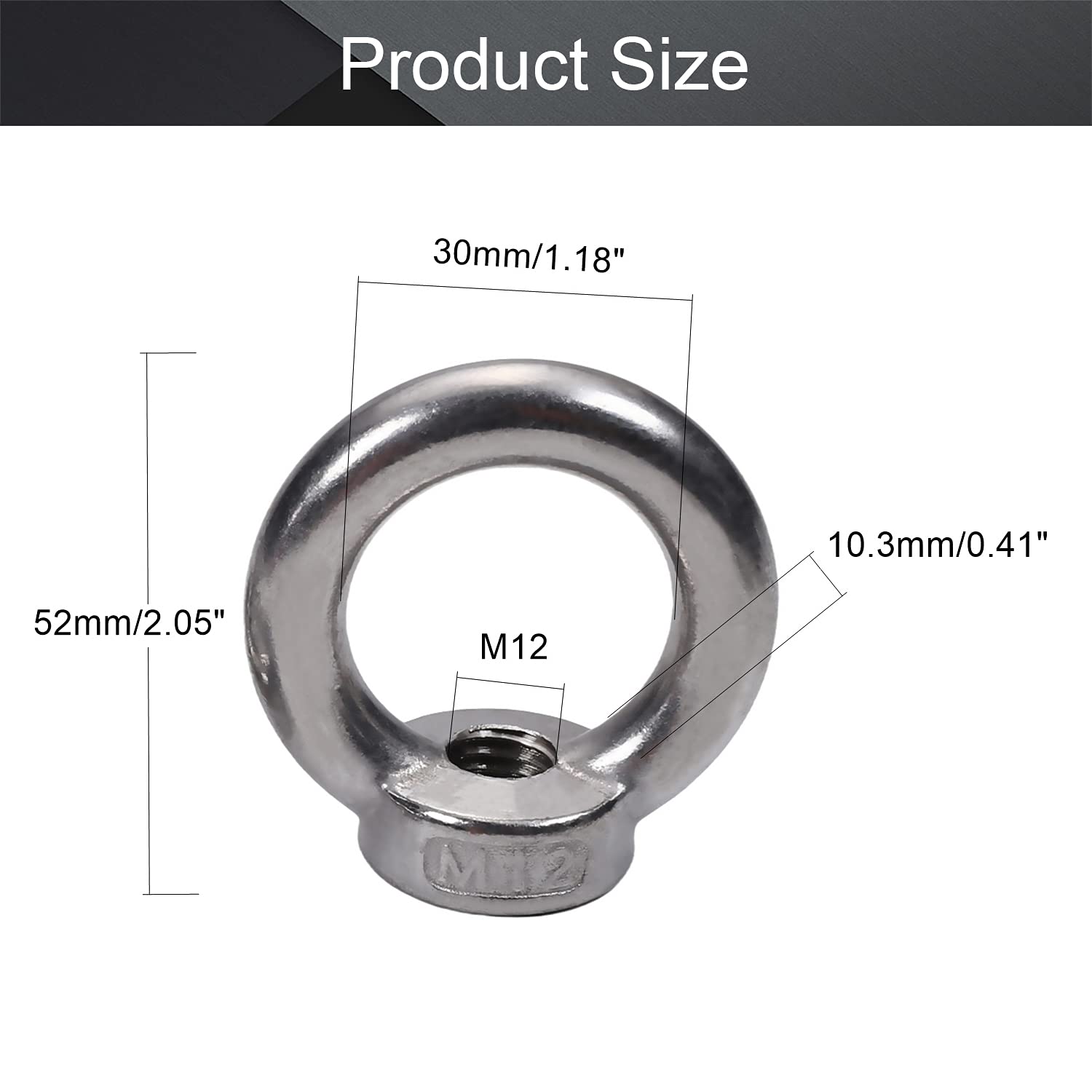 MroMax 4Pcs Lifting Eye Nut M12 Metric Female Thread Ring Shape Nut 304 Stainless Steel Round Shape Fastener Lifting Ring for Rope Fitting Silver