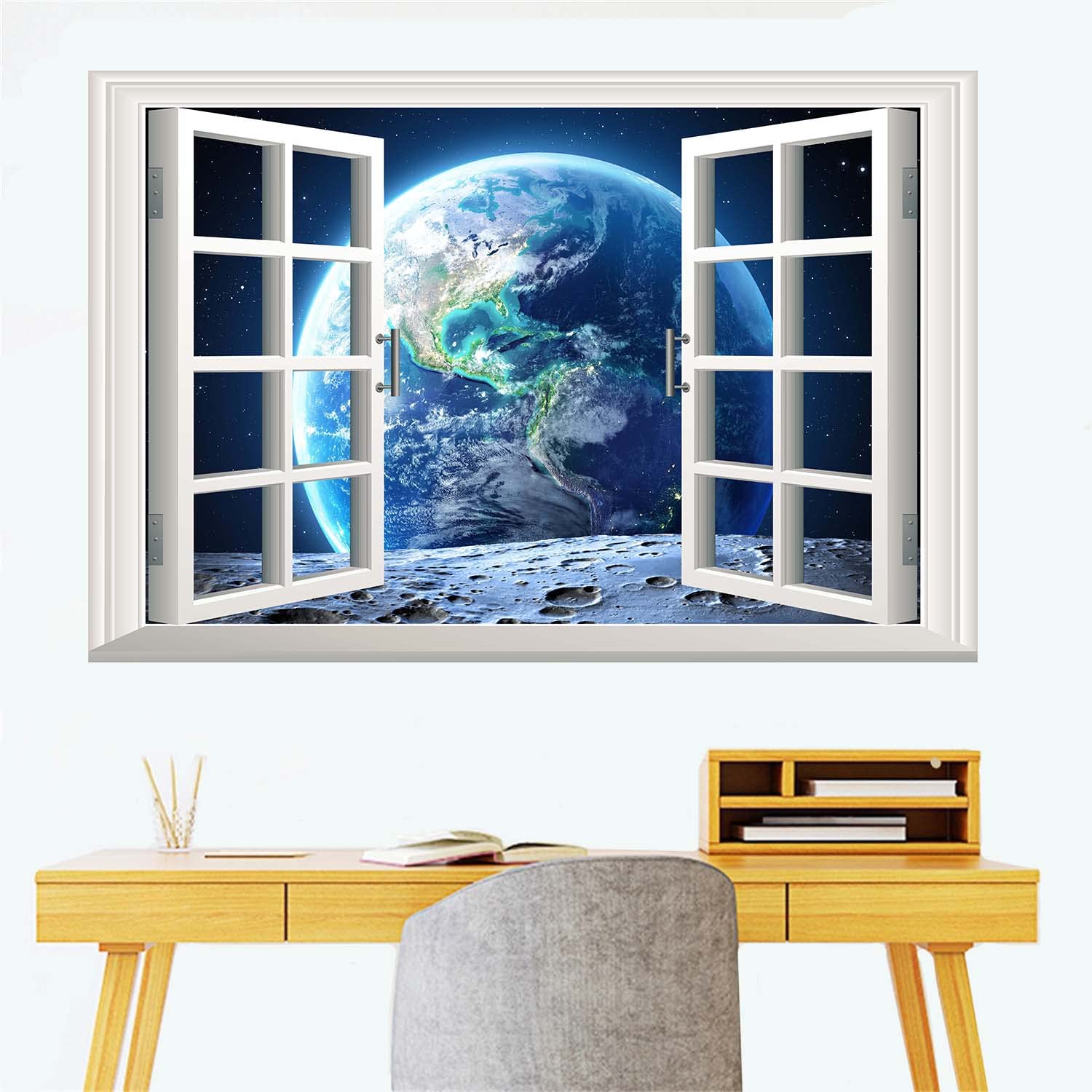 3D Space Stickers,Removable Earth Pattern Window View Wall Decals for Kids Room Living Room Nursery Decorations (Space1)