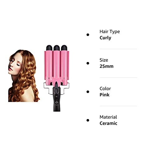 3 Barrel Hair Curling Iron Wand Temperature Adjustable 25mm Hair Waver（Pink）