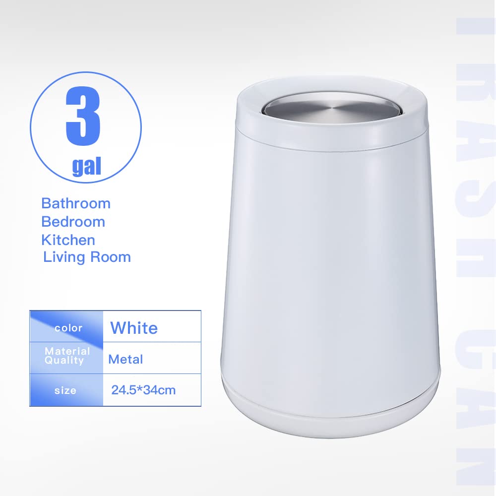 BRIEFHUMAN Household Swing White Bathroom Trash Can，Brushed Stainless Steel，10 L/3 Gallen，Garbage Can with Flipping Lid， for Indoor or Commercial Use, Kitchen,Modern，Living Room,Bedroom