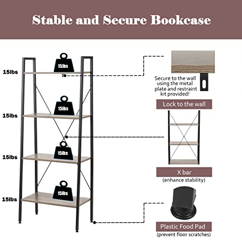 LuxenHome 4 Tier Ladder Bookshelf, 58'' Modern Leaning Bookshelf, Solid Real Wood Bookcase, Rustic Shelves with Industrial Metal Frame, Tall Wide Bookshelf Storage for Classroom, Light-Oak