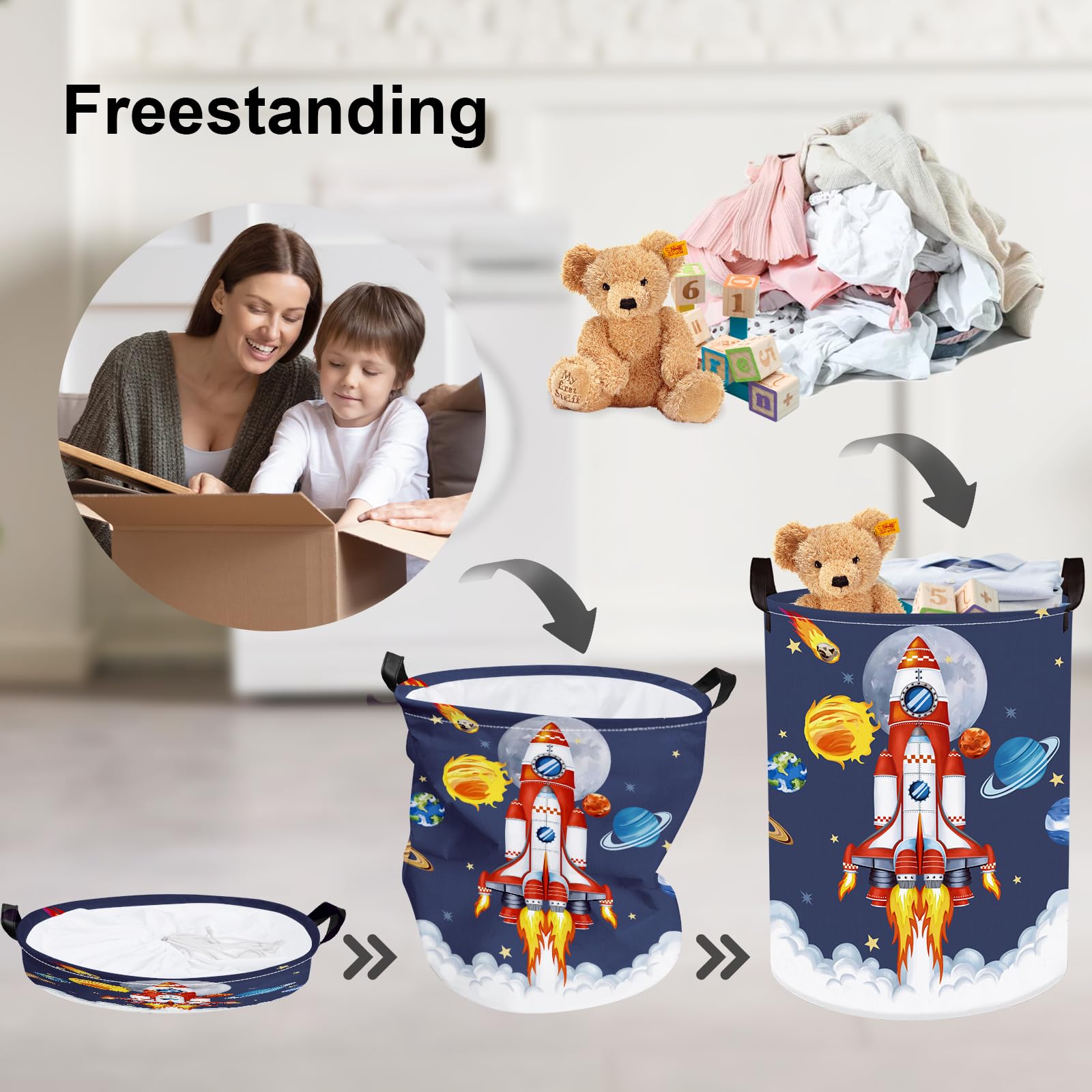 Clastyle 45L Space Rocket Launch Boy Toy Storage Basket Blue Planets Clothes Laundry Hamper for Baby Nursery Room