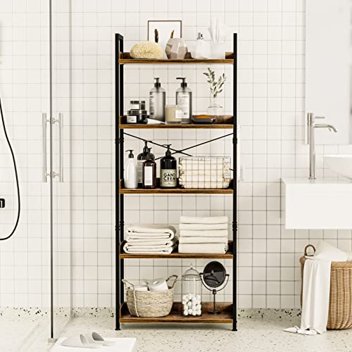 APPOLYN 5 Tier Bookshelf with 2 Hooks, Tall Bookcase, Modern Book Shelves Organizer, Bookshelves for Bedroom, Living Room and Home Office, Vintage