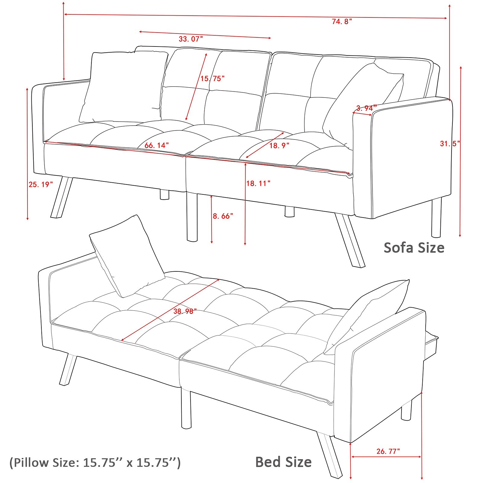 Olela Sleeper Sofa Bed Modern Tuft Futon Couch Convertible Loveseat Sleeper Reclining Sofa Bed Twin Size with Arms and 2 Pillows for Living Room, Navy Blue