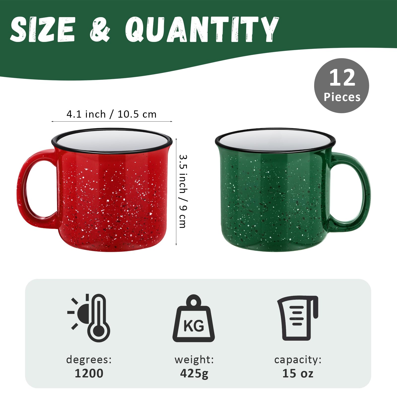 TURSTIN Set of 12 Ceramic Coffee Mugs 15 oz Speckled Christmas Red Green Campfire Camping Cups with Handle Stoneware Enamel Camping Mugs for Drinking, Coffee, Cocoa, Hot Chocolate Tea Campfire Gift