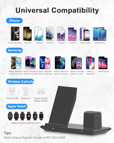 Wireless Charger - NANAMI 3 in 1 Fast Wireless Charging Station for Apple Watch Series 5/4/3/2/1,AirPods Pro, iPhone 15/14/13/12/11/XS/XR/X,Galaxy S24/S23/S22/S21/S20/S10/S9/Note 20(with 18W Adapter)