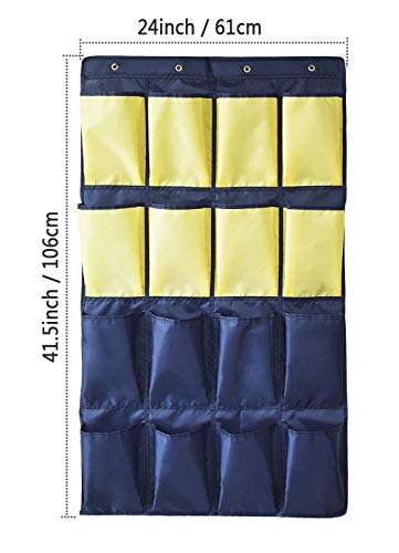 HeyToo Over The Door Shoe Organizer 16 Large Oxford Fabric Pockets Accessory Storage Hanging Narrow Closet Wall Navy and Yellow