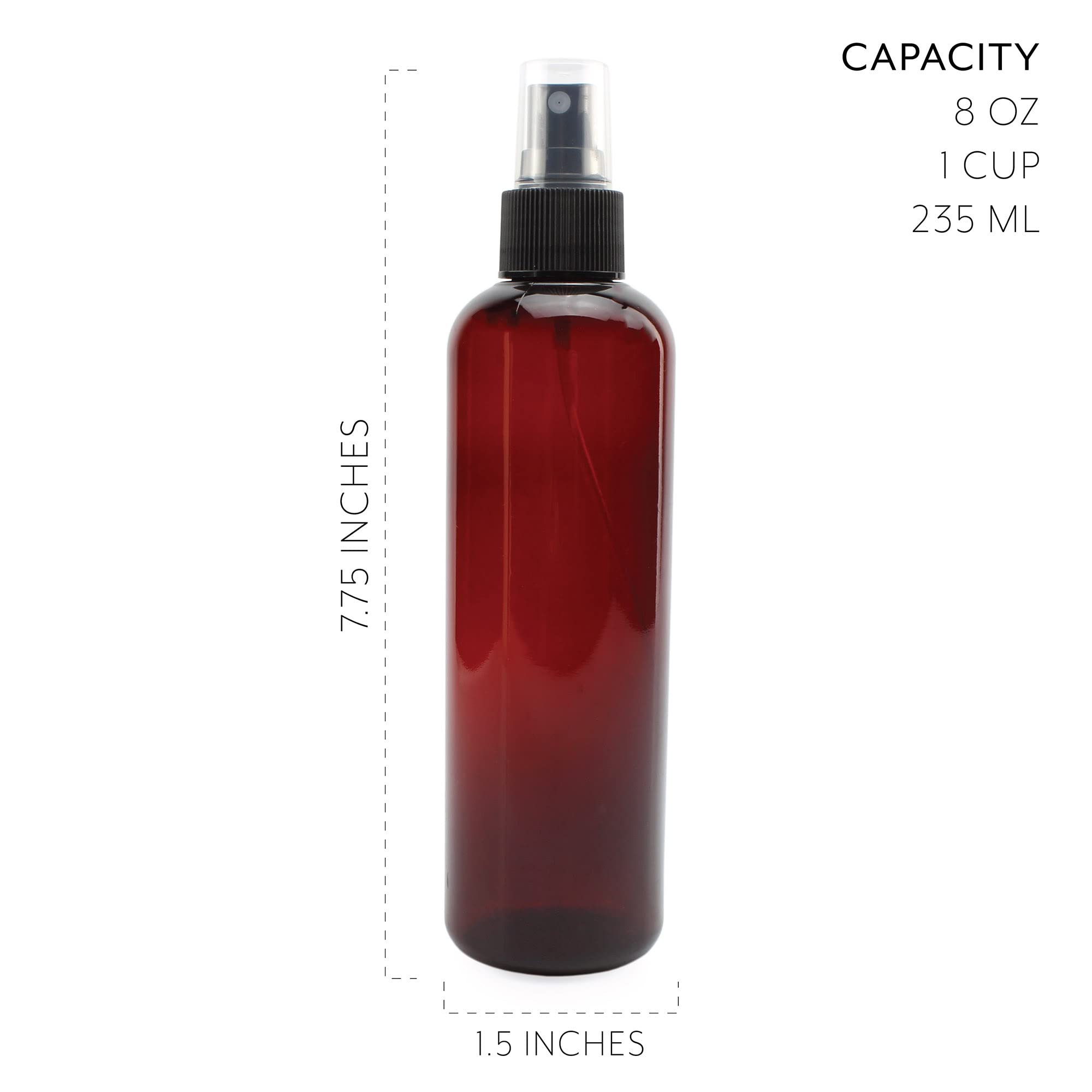 Cornucopia 8oz Amber Brown Plastic Spray Bottles with Fine Mist Atomizers (6-Pack); for DIY Home Cleaning, Aromatherapy, & Beauty Care