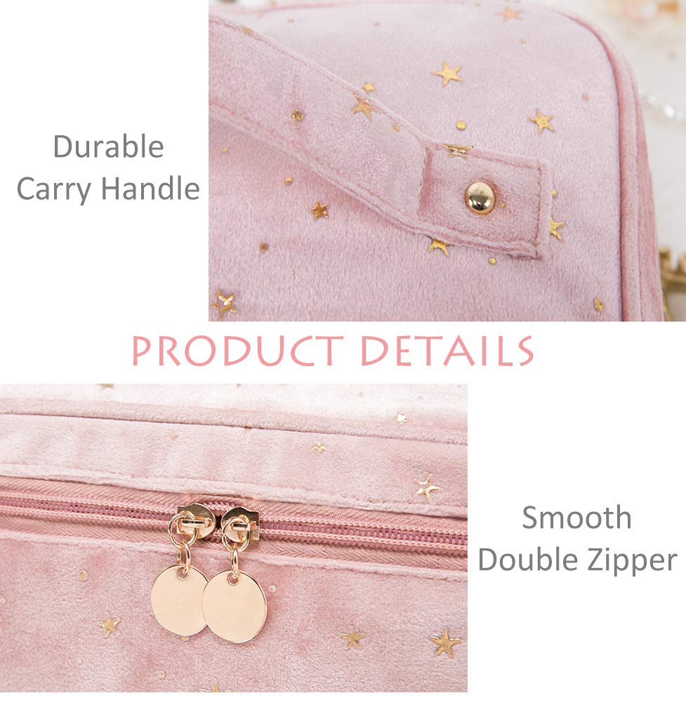 HOYOFO Velvet Makeup Bag with Handle Cosmetic Bags with Makeup Brush Holder Travel Make up Bag for Women, A Pink