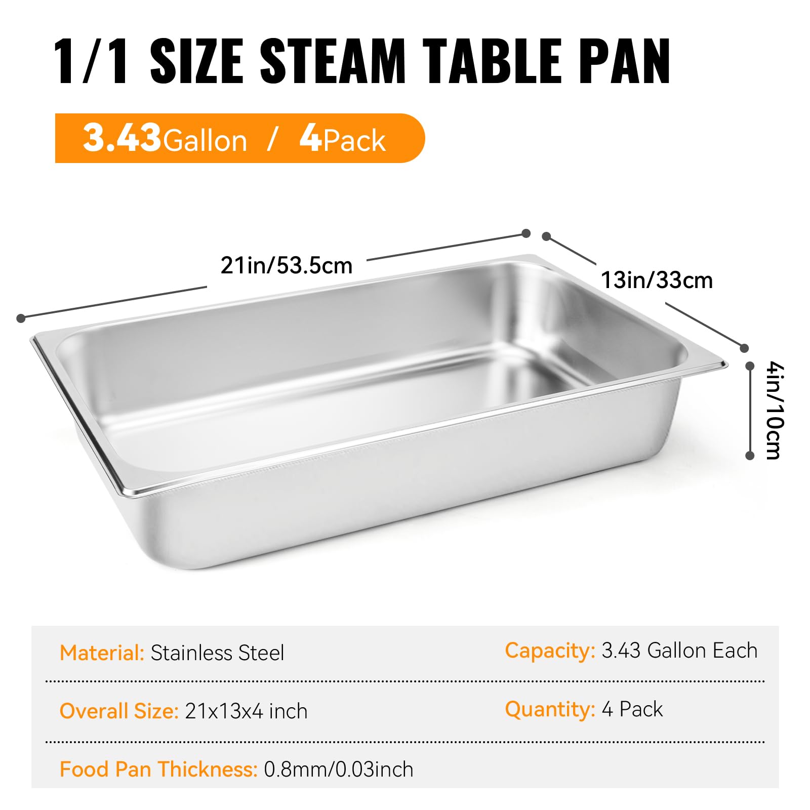 4 Pack Hotel Pans, 1/1 Full Size 4β Deep Steam Table Pan with Lid, 21" L x 13" W Commercial Stainless Steel Pan Food Containers, Catering Supplies Buffet Display