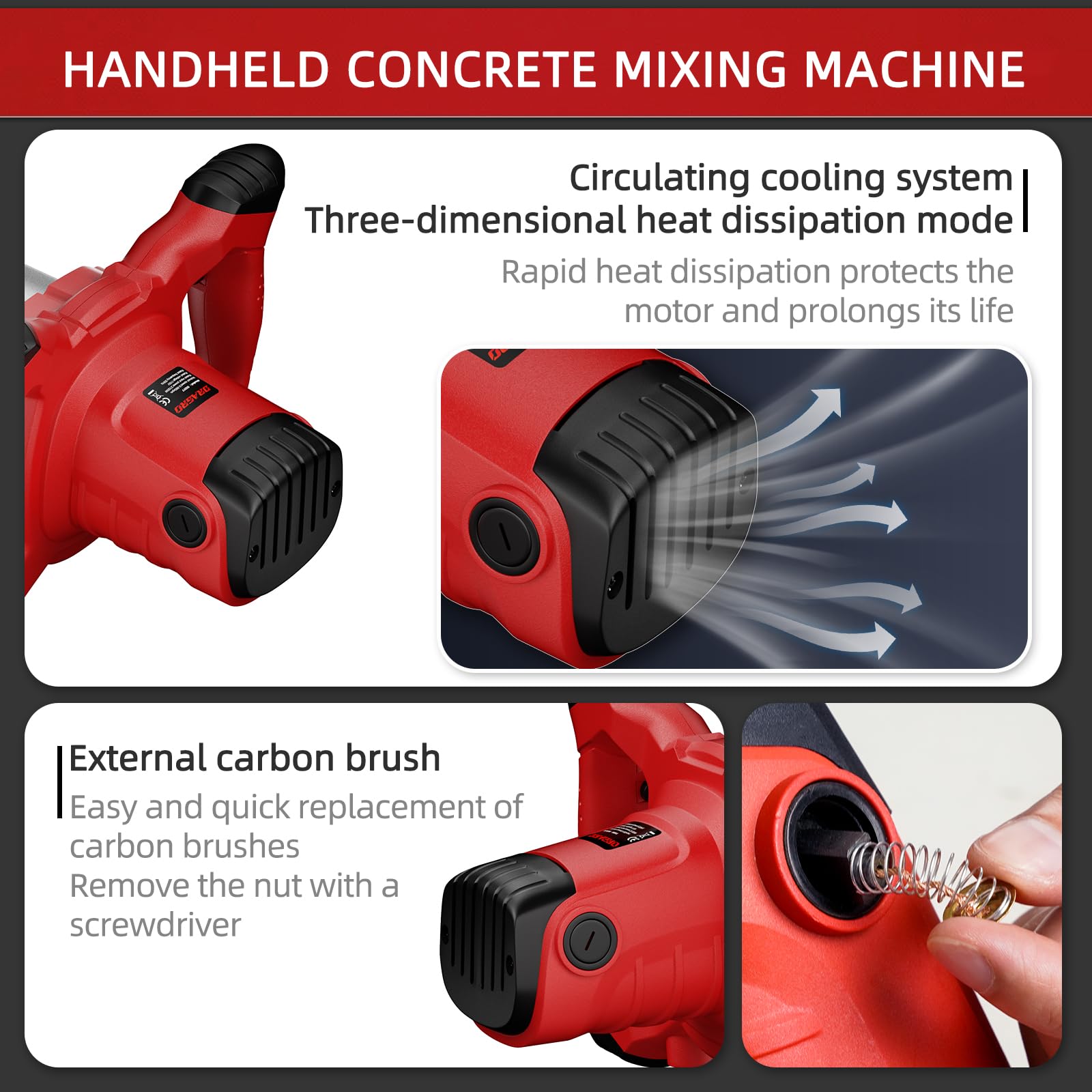 Dragro Electric Cement Mixer, 2100W Handheld Concrete Mixer with 6 Speed,Portable Mortar Mixer for Mixing Mud, Mortar, Plaster,Cement, Paint, Fodder,2 Pieces Mixing Heads