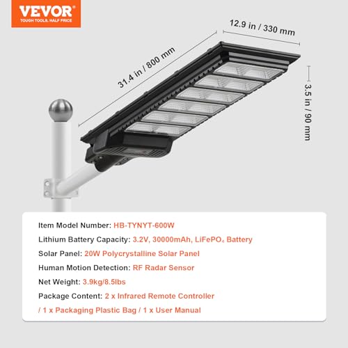 VEVOR 600W Solar Street Light, LED Solar Flood Lights Outdoor 60000lm with Infrared Remote Control, IP66 Waterproof Security Solar Motion Sensor Lamp for Garden Yard Home Path Garage Parking Lot