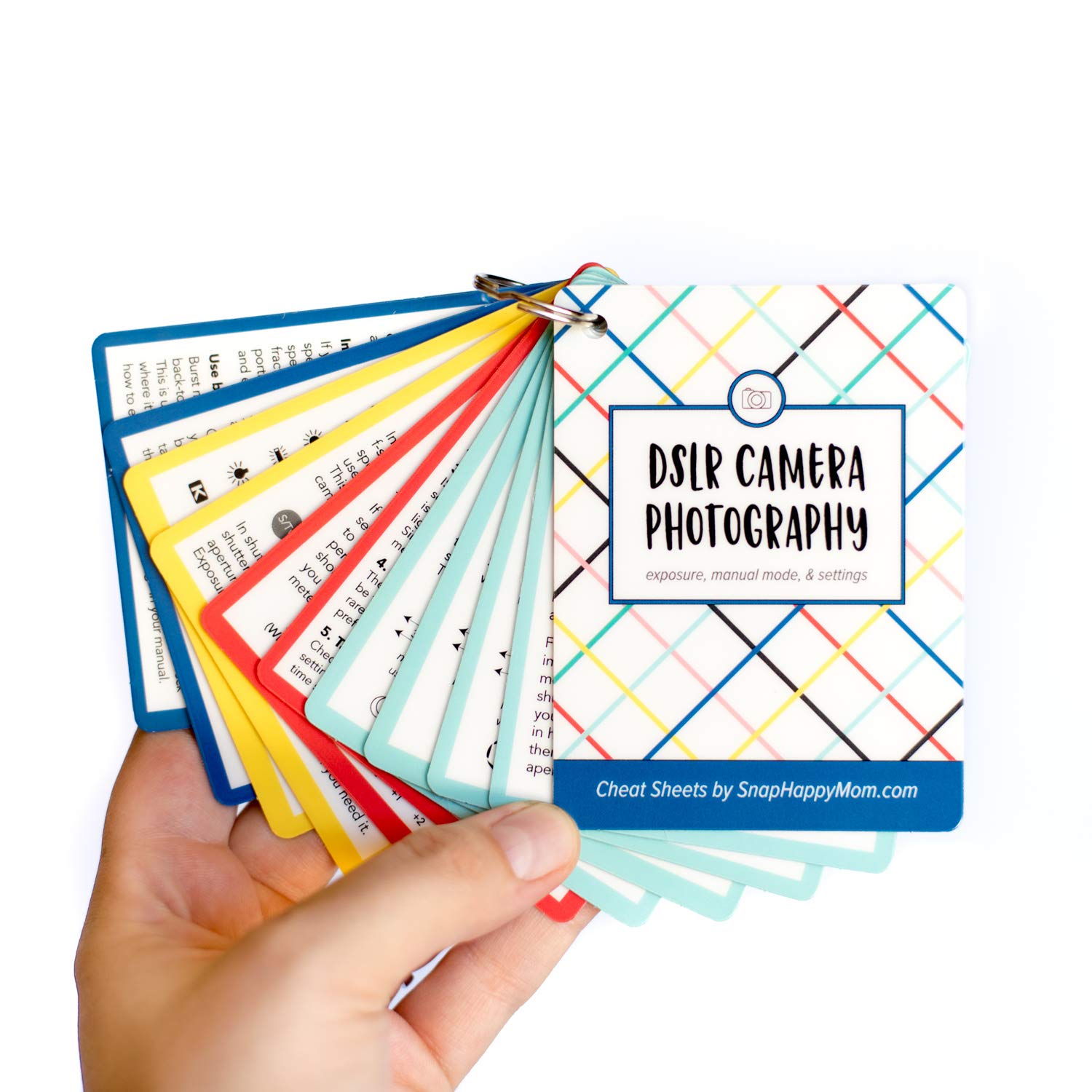 DSLR Cheat Sheet Cards for Canon, Nikon and Sony Cameras - Plastic Quick Reference Photography Cards | Camera Settings, Exposure & Manual Mode (Bright)