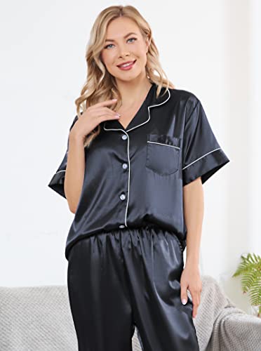 AUECK Silk Satin Pajamas Set Women Two-Piece Nightwear Short Sleeve Sleepwear Soft Button Down Loungewear Pjs Set S-XXL(Black,Large)