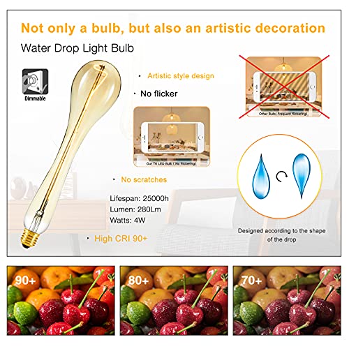 Beilf Decorative Oversized Edison Light Bulbs with E26 Base, Amber Glass, 4W Warm White 2200K, Dimmable, Large Led Filament Specialty Light Bulbs for Decorating Your Home