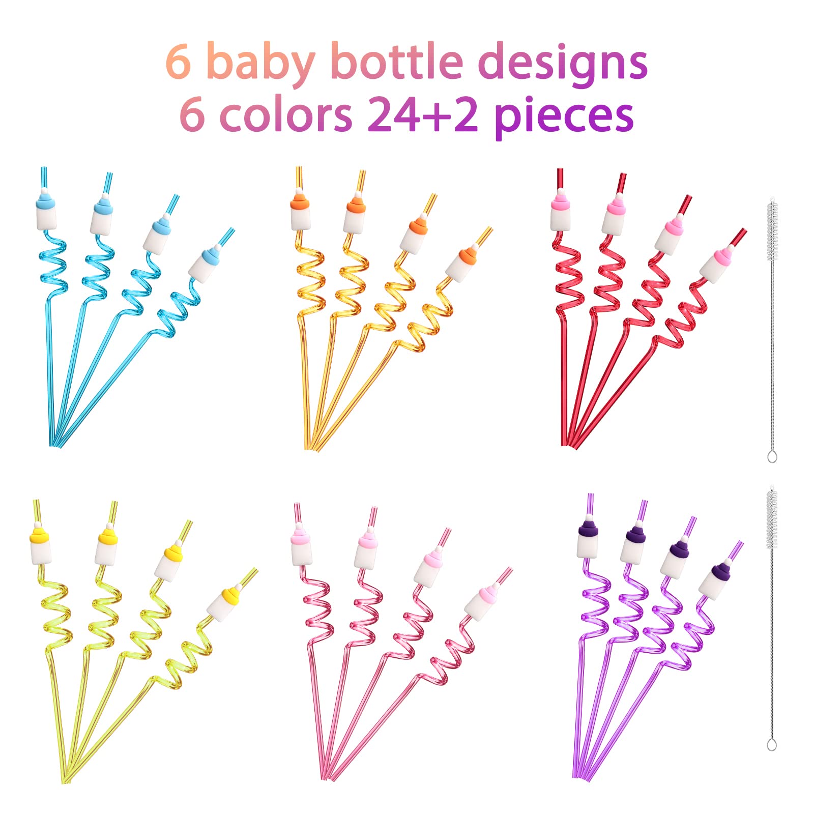 24 Reusable Baby Bottle Plastic Straws for Girls Boys Baby Shower Party Gift Favors with 2 Cleaning Brushes