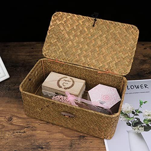 Alipis Desktop Stand Storage Drawers Straw Basket with Lid Seagrass Storage Basket Bins, Desktop Makeup Organizer Sundries Storage Box Rattan Lidded Box Shelf Bracket Small Basket