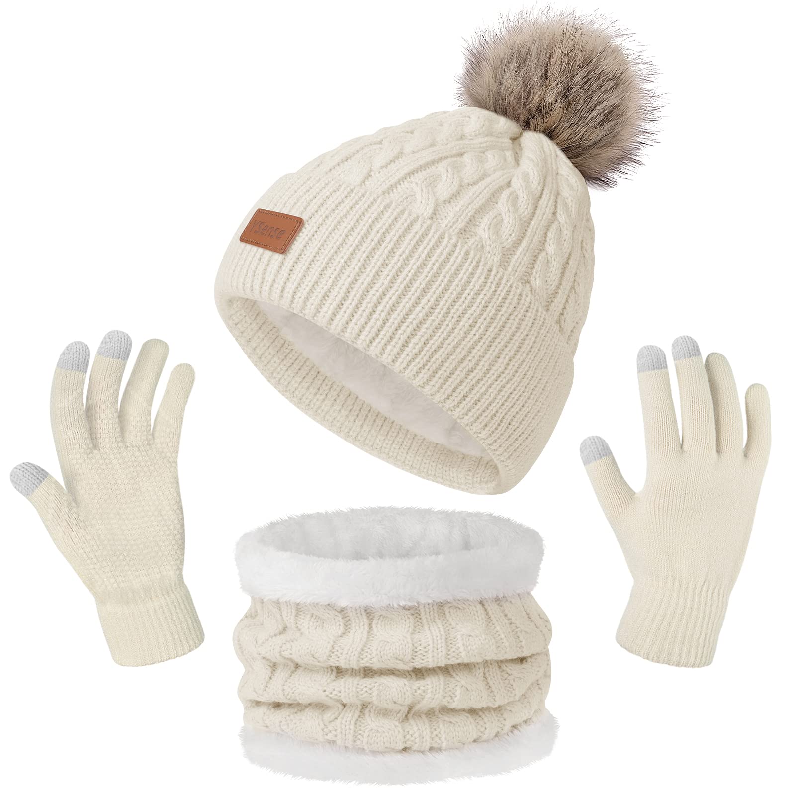 3 in 1 Winter Hat Scarf Glove Set for Women, Warm Fleece Lined Knit Beanie Hat Touchscreen Mittens and Neck Warmer, Beige