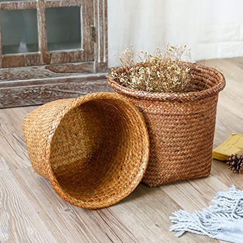 Alipis Seagrass Waste Basket Wicker Trash Can Woven Garbage Bin Laundry Hamper Rattan Plant Pot Rustic Storage Basket Rubbish Recycling Container for Kitchen Home Office