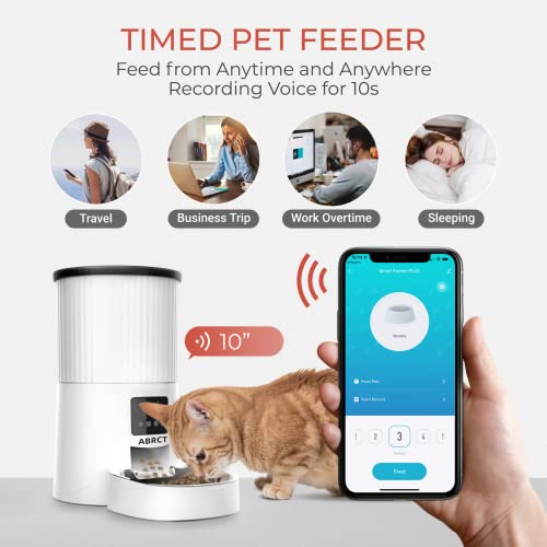ABRCT Camera Automatic Cat Feeder, Voice and 1080HD Video Recording Cat Food Dispenser, Timed Cat Feeder with Desiccant Bag, Smart Cat Pet Feeder with Dual Power Supply (White)