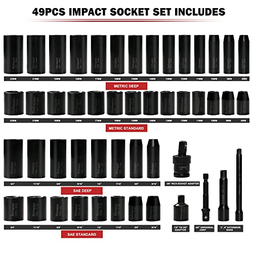 BeHappy 3/8" Impact Socket Set, 49Pcs Socket Set, Drive Impact Socket Set includes Metric (8-22mm) and SAE Socket Set (5/16"-3/4"), Deep/Standard, Cr-V, 6 Point,Extension Bars,Universal Joint,Adaptor