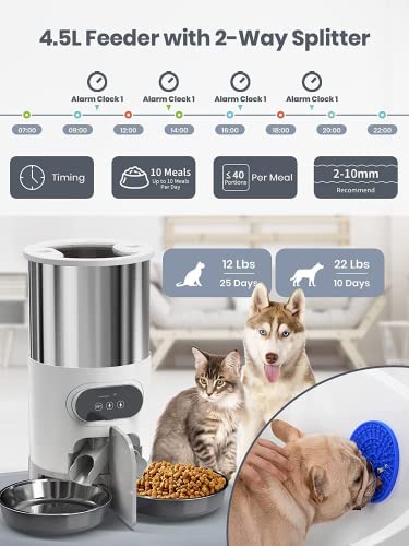 Automatic Cat Feeder, WHDPETS WiFi Cat Food Dispenser for 2 Cats & Dogs, 304 Stainless Steel Pet Feeder with Feeding Mat, 2-Way Splitter, APP Control, 10s Voice Recorder, Dual Power Supply