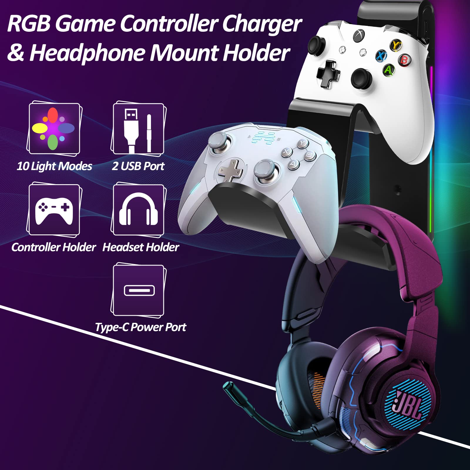 3in1 RGB PS4 Xbox Controller Charger Dock Station Headset LED Wall Mount Holder With USB Charging Ports for Playstation 3 4 5 PS5 Controllers Xbox ONE Series X Switch Steam Deck