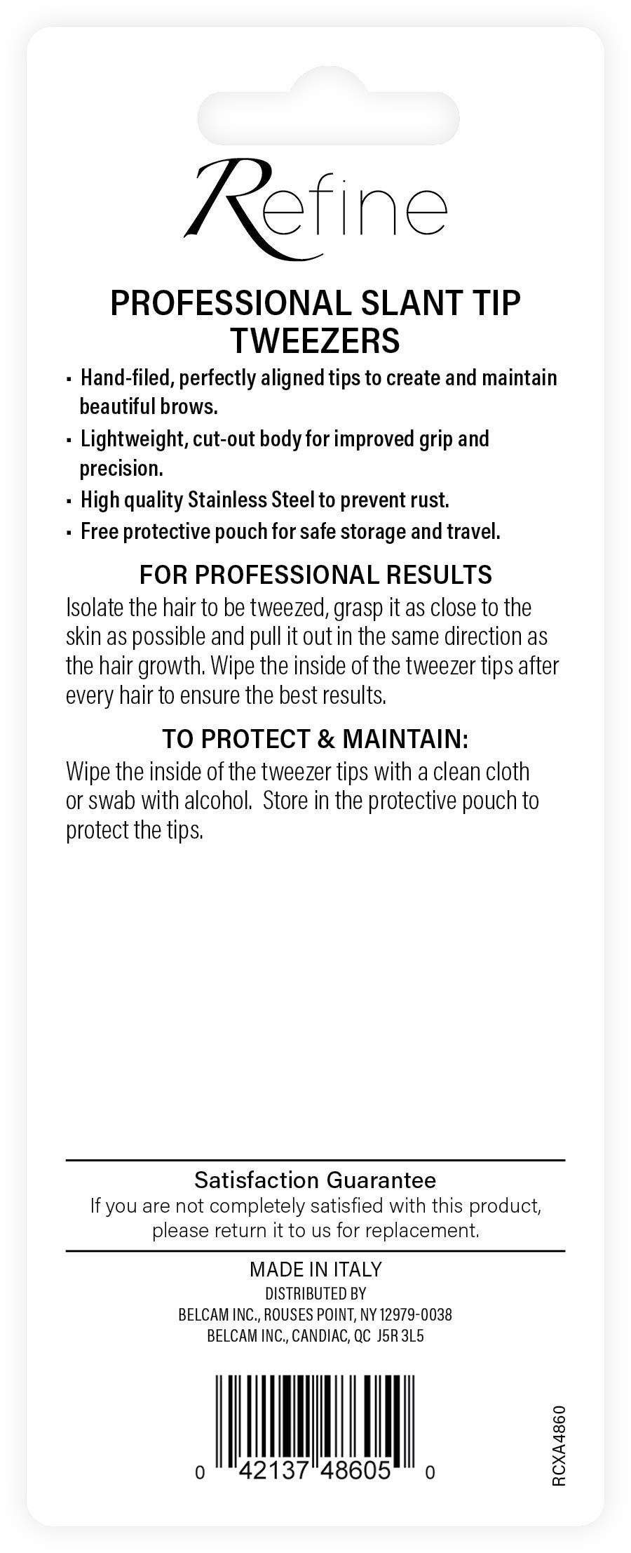 REFINE - Italy - Professional Precision Slant Tip Tweezers, Stainless Steel, 3.75", 1 Count