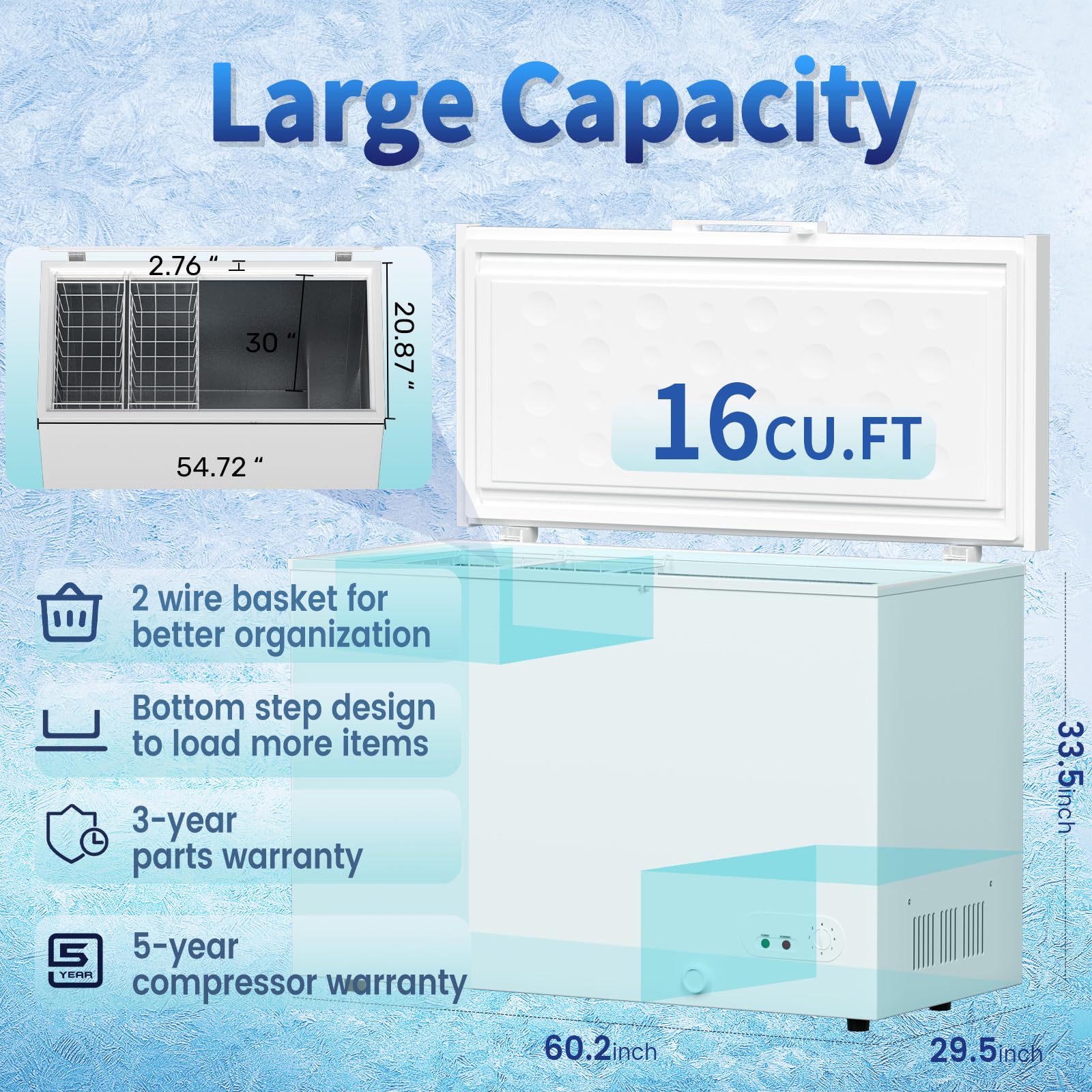 Hipopller 16 Cu.Ft Chest Freezer, with Adjustable 7 Thermostat Removable Basket, Energy Saving Large Capacity Freestanding Top Door White Freezer for Kitchen Restaurant Garage Basement Business