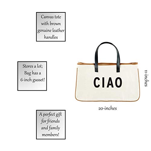 Santa Barbara Design Studio Tote Bag Hold Everything Collection Black and White 100% Cotton Canvas with Genuine Leather Handles, Large, Ciao