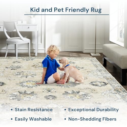 Kaspene Home - Machine Washable Thin 3x5 Area Rug - Oriental Vintage Blue and Brown, Bedroom, Hallway, Bathroom, and Entryway - Stain and Water-Resistant - Non-Slip - Pet and Kid Friendly