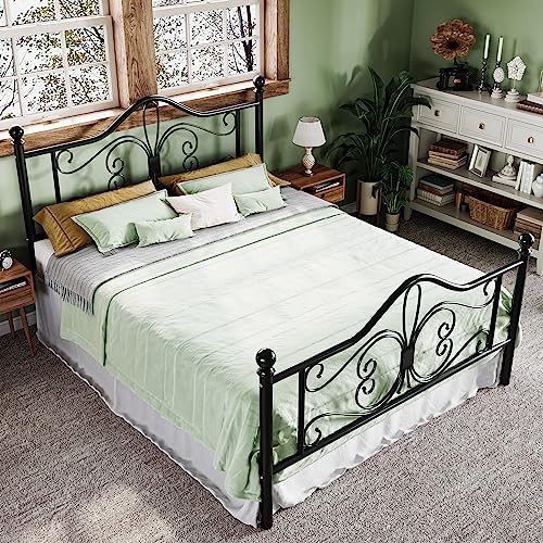 Allewie Queen Size Bed Frame with Headboard,Metal Bed Frame with Butterfly Pattern Design Headboard & Footboard,No Box Spring Needed,Easy Assembly,Black