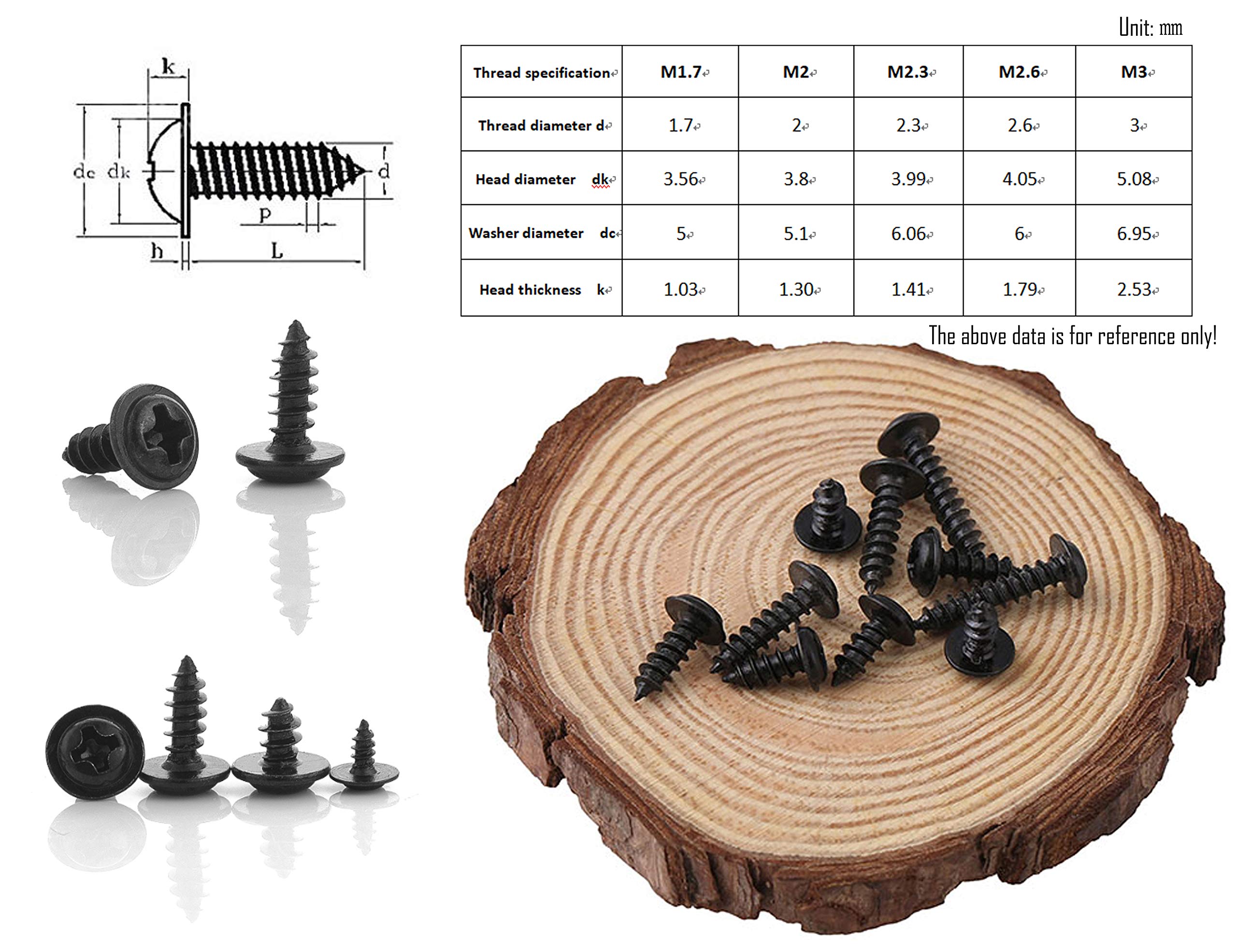 LBY 1000pcs M2.3 M2.6 Truss Head Self Tapping Screws, Wafer Head Screws, Pan Head with Washer Screw 10 Sizes Self Tapping Screws Assortment Kit, Carbon Steel (Blacking)