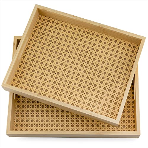AuldHome Ottoman Rattan Breakfast Trays (Set of 2); Basket Serving Trays with Wooden Fram for Serving Guests, Coffee Break, Breakfast and More