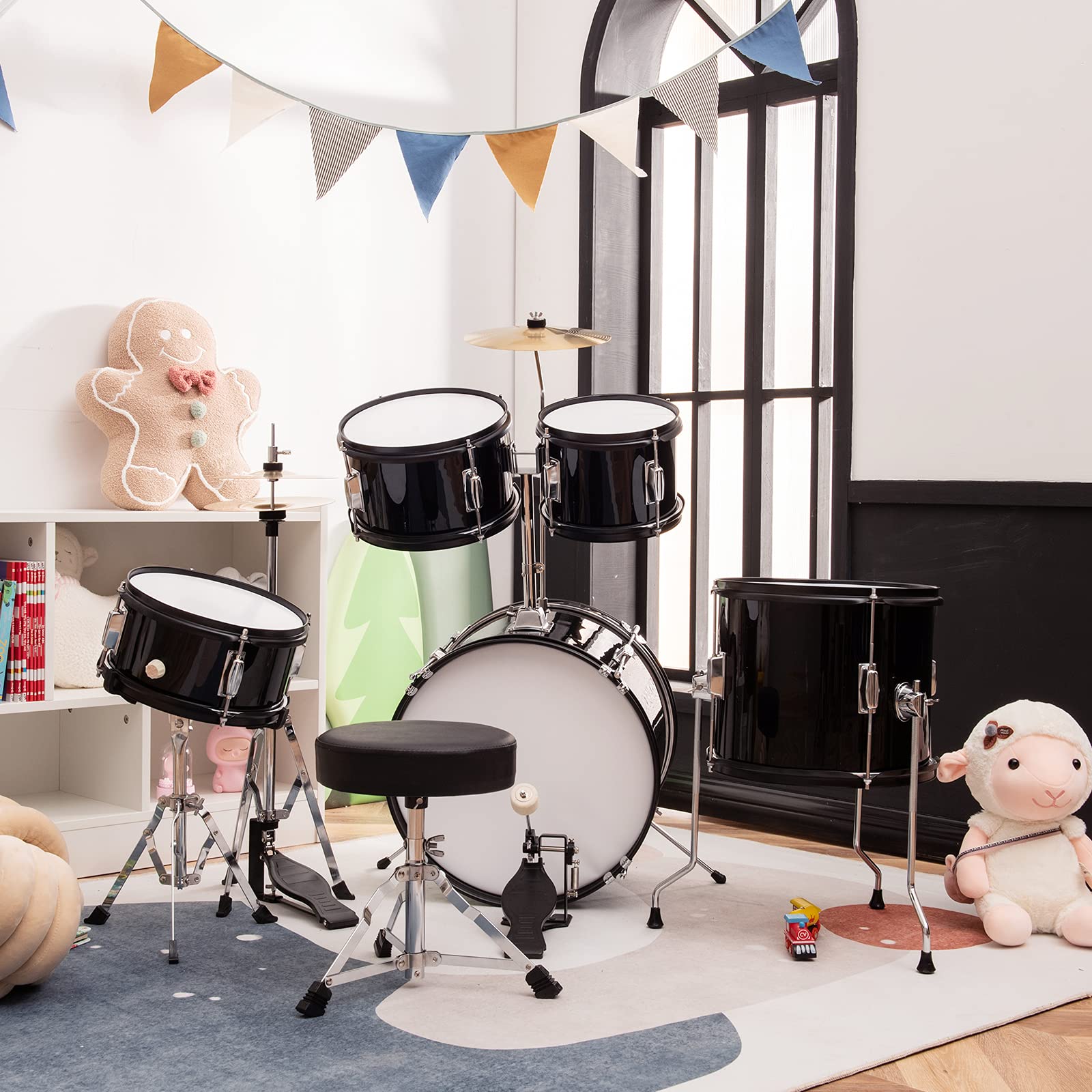 Costzon 16β Kids Drum Set, 5-Piece Full Size Complete Junior Drum Set with Adjustable Throne, Cymbal, Hi-Hat, Pedal & Drumsticks, Beginner Drum Kit with Bass Snare Tom Drum, Age 3-12, Black