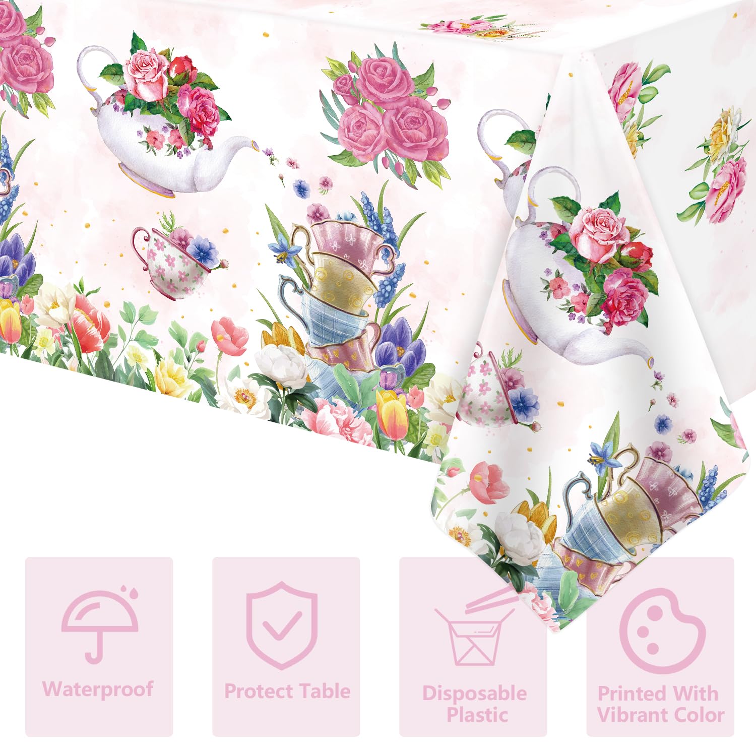 4 Pack Tea Party Decoration Floral Tea Party Tablecloth Tea Party Birthday Supplies 86β x 51β Rectangle Plastic Spring Disposable Floral tea party Table Cover Baby Shower Floral Birthday Decorations
