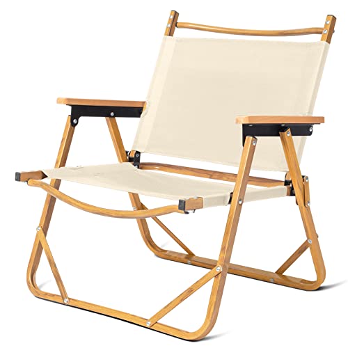 Camping Chair, Folding Chair, Camp Chair, Camping Chairs For Adults, 53*55*61cm Medium Size Aluminum Frame 600D Khaki Oxford Cloth Bearing 100kg Imitation Wood Grain Spray Paint Camping Chair Khaki