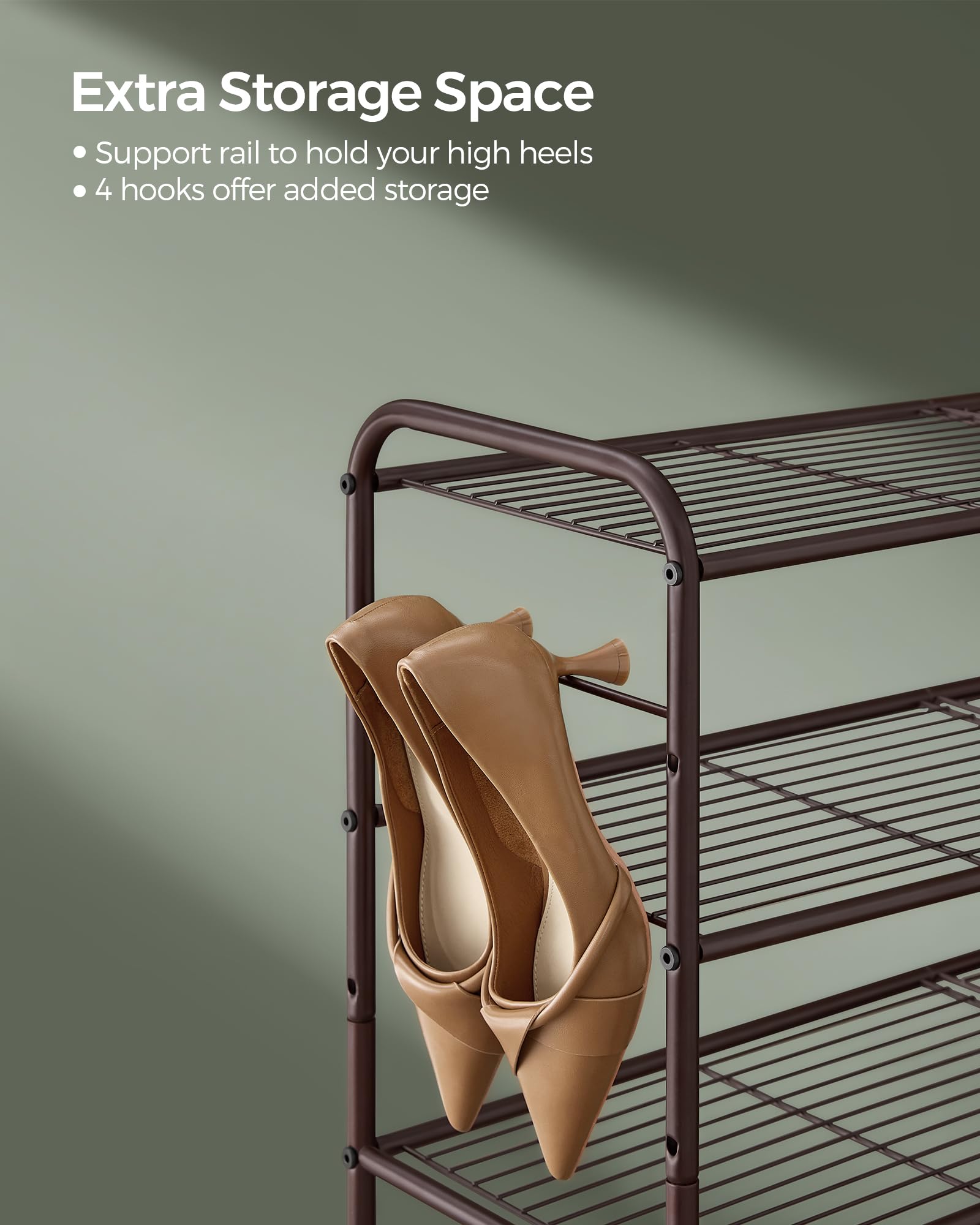 SONGMICS Shoe Rack, 2-Tier Shoe Organizer, Metal Shoe Shelf Storage with 4 Side Hooks, Holds 12 Pairs of Shoes, Height-Adjustable Shoe Rack for Entryway, Hallway, Closet, Easy Assembly, Chestnut Brown