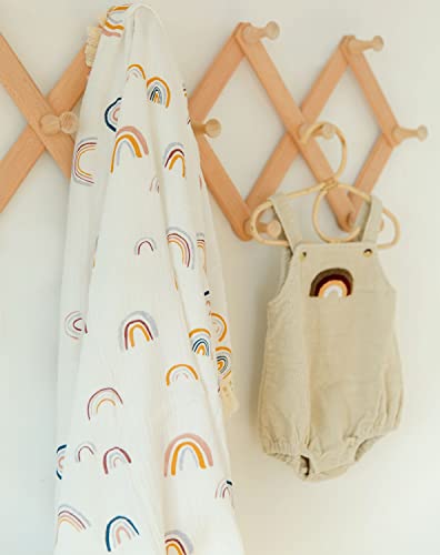 CHUNGEL Cotton Baby Muslin Tassles 40"x 47", Baby Receiving Blanket with Fringe, Boho Muslin Swaddle Blanket with Fringe - Rainbow